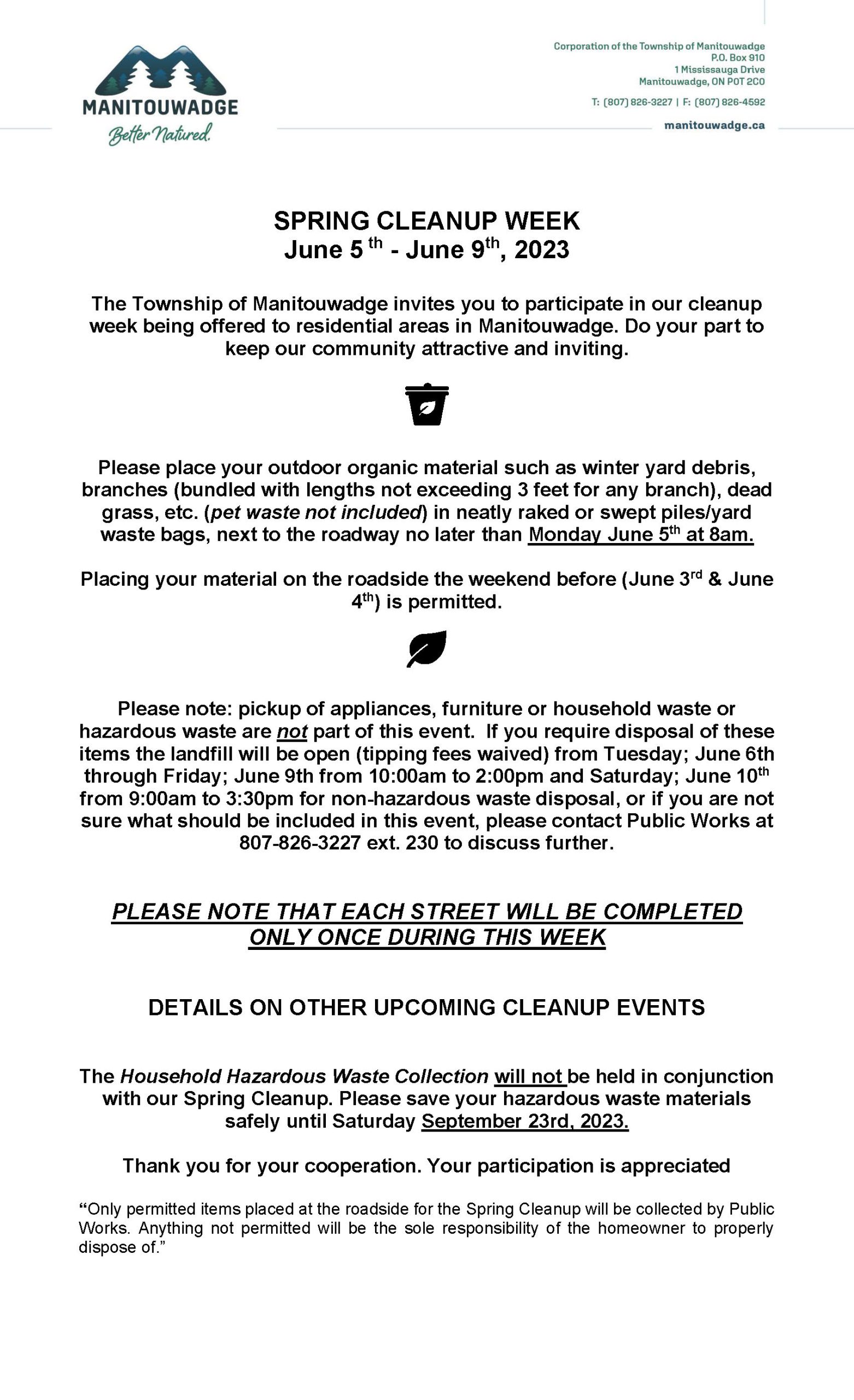 Spring Cleanup Week: June 5th – June 9th, 2023 - Manitouwadge